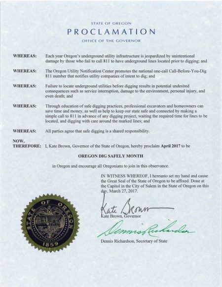 Governor proclaims April "Dig Safely Month" - Oregon Utility ...